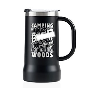 Onebttl Camping Gifts for Men, Camper, Camping Lovers - Camping Without Beer 24oz Stainless Steel Beer Mug Beer Stein Tumbler, 24oz Beer Mug with Lid