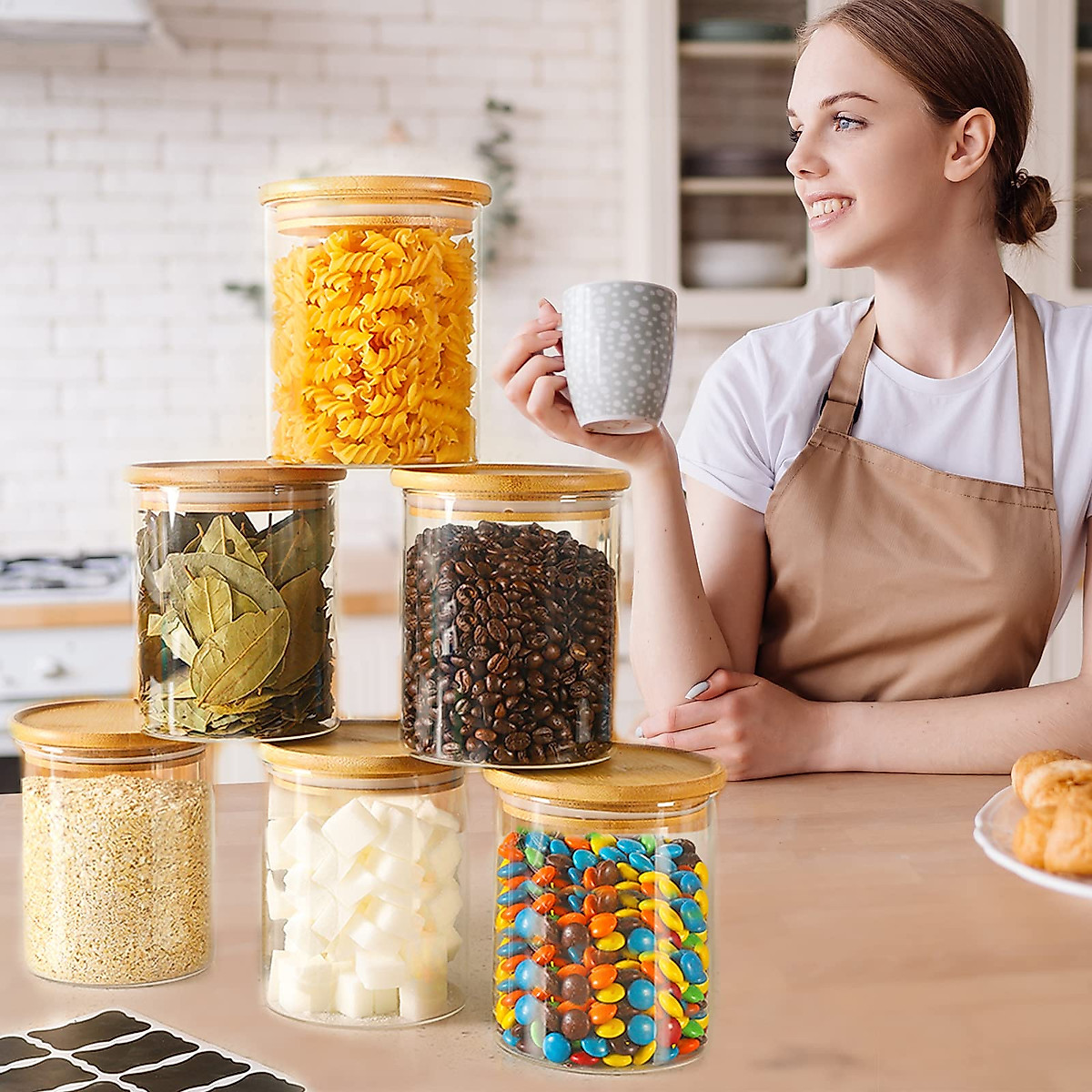 GoldArea 6 Pack Glass Jars, 24 oz Glass Food Storage Containers with Airtight Bamboo Lids, Spice, Cookie, Candy Jar, Canister Sets for Kitchen Counter, Containers for Pantry Organization and Storage