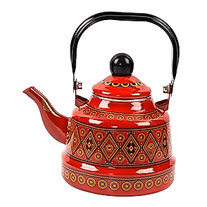Fenteer 2.5L Enameled Tea Kettle Teapot Coffee Kettle Cookware Hot Water Pot No Whistling Portable Teakettle for Stovetop for Travel Camping, Red A