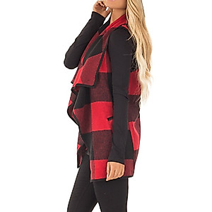 YACUN Women Buffalo Plaid Vest Lapel Open Front Sleeveless Cardigan Jacket Coat Outerwear with Pockets Red S