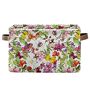 Kigai Collapsible Storage Basket with Handles, Colorful Flowers Butterfly Canvas Fabric Storage Bins Toys Clothes Organizer for Bedroom, Nursery, Shelves, Closets (2PACK)