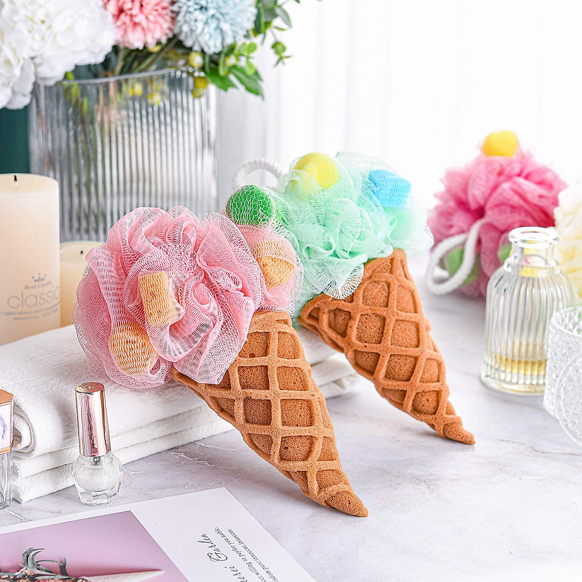 Geiserailie 4 Pieces Kids Loofah Ice Cream Cone Bath Sponge Kids Bath Shower Sponge Body Scrubber Exfoliating Loofah for Spa Shower