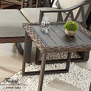 Festival Depot 22” Patio Side Table Metal Bistro Table with Wicker Edge and Slatted Steel Top All Weather Outdoor Furniture for Porch Deck (Square)