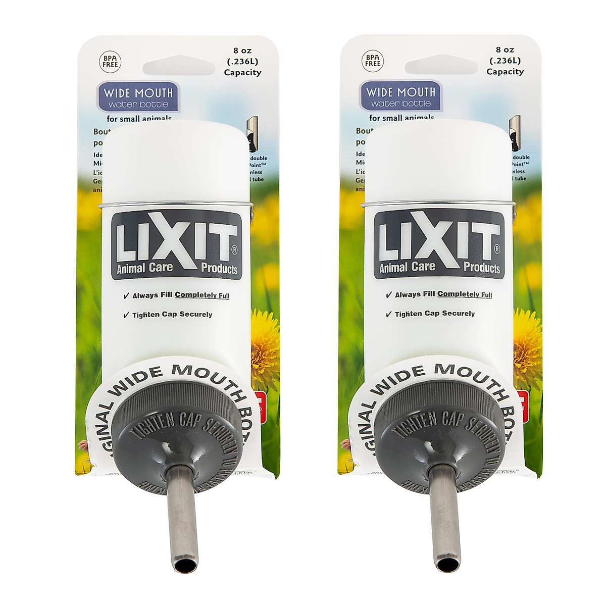 Lixit Wide Mouth BPA-Free Cage Water Bottles for Rabbits, Ferrets, Guinea Pigs, Rats, Chinchillas, Hamsters, Mice, Hedgehogs, Gerbils and Other Small Animals. (Translucent, 8 Ounce Pack of 2)