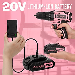 YOUGFIN Pink Drill Set for Women, 20V Battery Powered Electric Drill Machine Cordless with Charger, 25+1 Torque Setting, Built-in LED, Handheld Lightweight Power Drill Driver for Home Use (3/8")
