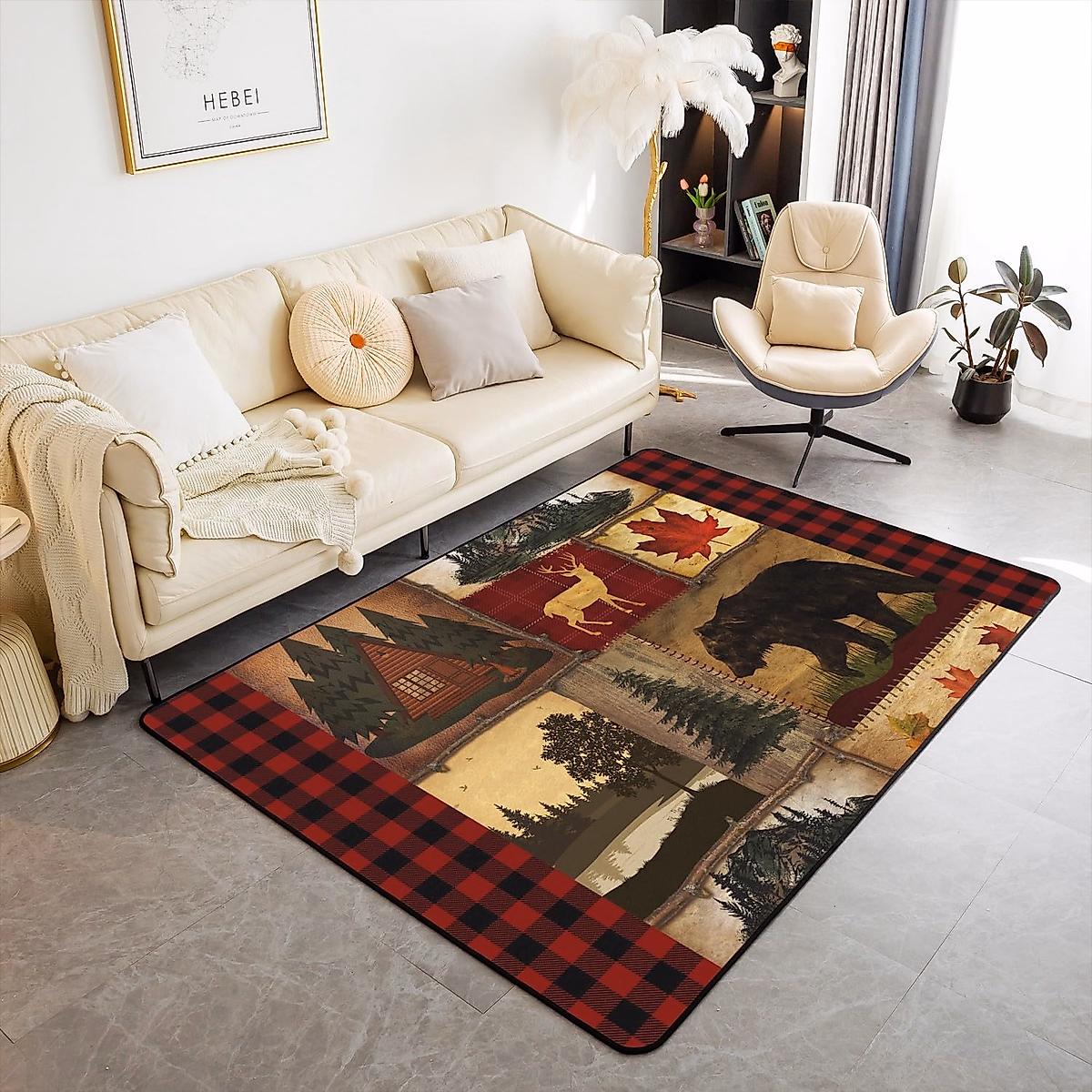 Bear Cabin Plaid Area Rug 3x5 for Home Dorm, Rustic Farmhouse Living Room Rugs, Retro Hunting Deer Carpet, Country Woodland Pine Tree Floor Mat, Maple Leaf Lodge Decor Decorative Rug, Red Black Brown