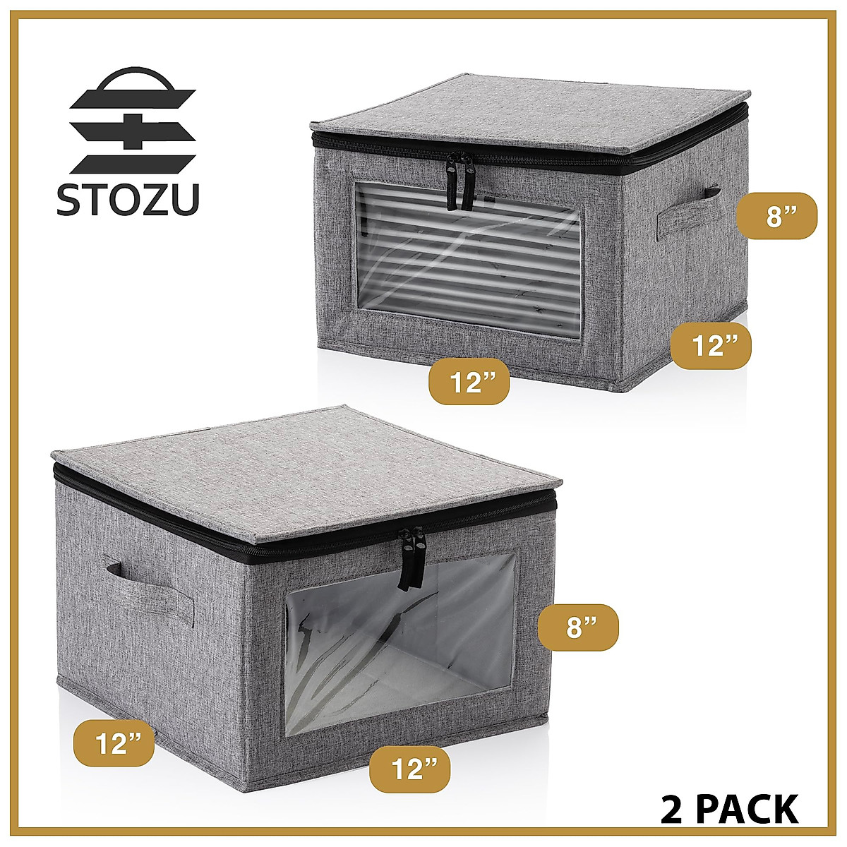 2 PACK Square China Storage Containers for Dishes, 12"x12"x8" Plate Storage, Dish Storage Containers with Lid and Handles, Heavy Duty Dinnerware Storage, Hard Shell and Stackable, 24 Felt Dividers