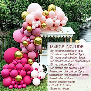 Rose Red and Pink Balloon Arch Garland Kit-Macaron Rose Red Balloon Pink Balloon Metallic Gold Balloon 134Pcs for Birthday,Party,Fiesta,Christmas,Wedding,Baby Shower and Engagement