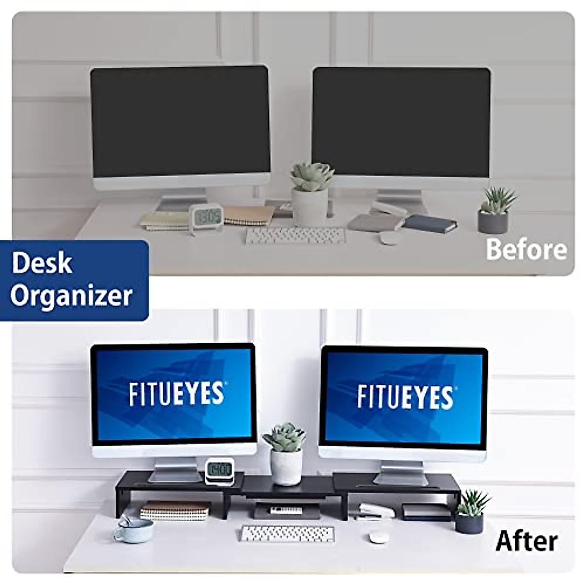 FITUEYES Dual Monitor Stand – 3 Shelf Computer Monitor Riser, Wood Desktop Stand with Adjustable Length and Angle, Desk Accessories, Office Supplies Light Black,DT111101WB