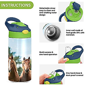 Kigai Cloudy Tree Horse Kids Water Bottle, BPA-Free Vacuum Insulated Stainless Steel Water Bottle with Straw Lid Double Walled Leakproof Flask for Girls Boys Toddlers, 12Oz