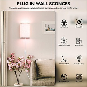 Lenarinter Wall Lamp with Plug in Cord Set of 2, Battery Operated Wall Sconces with RGB Smart Bulb & Switch Control, Linen Fabric Shade, Indoor Wall Lights for Bedroom Living Room Hallway