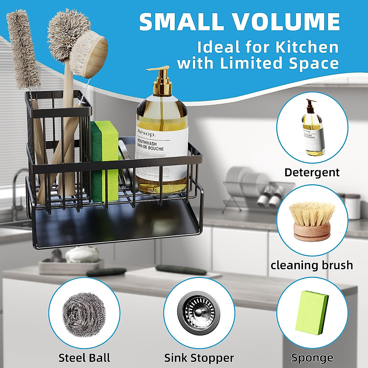 Sponge Holder for Kitchen Sink - Rustproof Sink Caddy with Brush Holder, Self-Drainage Kitchen Sink Organizers and Storage Dish Soap Dispenser Home Essentials Organization Accessories, Black