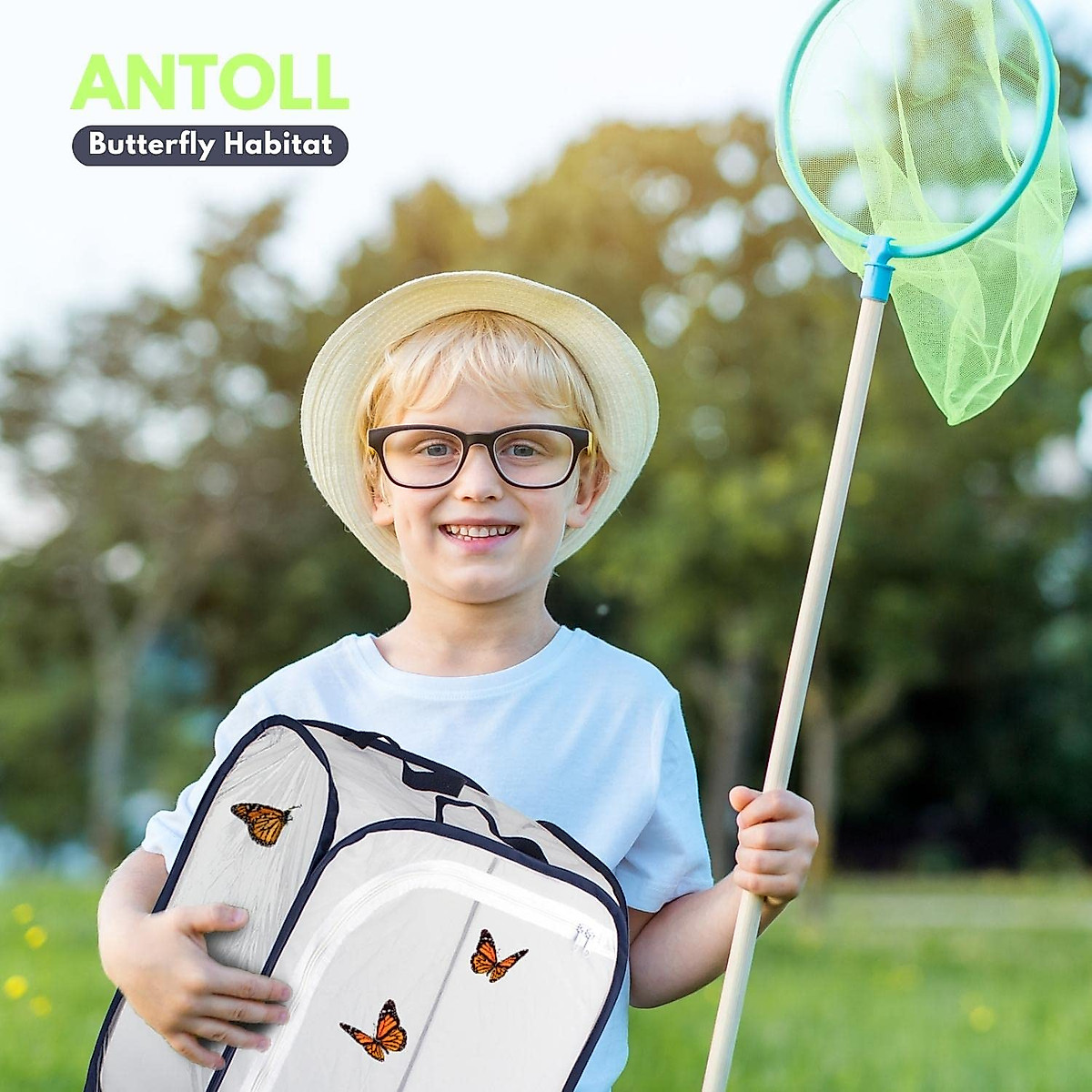 Antoll 2Pcs 24" M Size Blue Butterfly Habitat Cage, Monarch Butterfly Habitat, Butterfly Cage for Caterpillars, Flying Insect Mesh Cage, Outdoor Observation Plant, Pop-Up Open Size: 16"x16"x24"