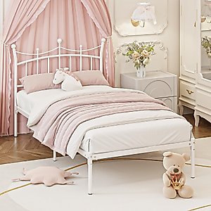 Weehom Twin Bed Frames with Headboard, Elegant Princess Bed for Girls Heavy Duty Metal Platform Bed Easy Assembly Under Bed Storage Space No Box Spring Needed Twin Size Bed for Kids Adults, White