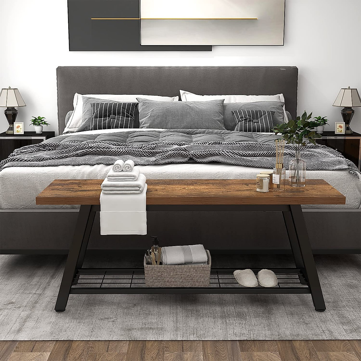 Oastreeful Storage Bench Industrial Rustic Wooden and Metal Entryway Shoe Boots Storage Rack Long Bench Seat for Hallway Bedroom Retro Brown Farmhouse Style