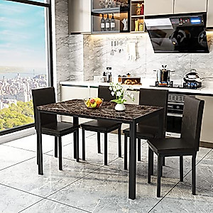 AWQM Dining Table Set for 4, Modern Kitchen Table and Chairs Set, Faux Marble Tabletop and 4 PU Leather Upholstered Chairs Dining Set for Living Room, Kitchen, Dining, Compact Space - Brown