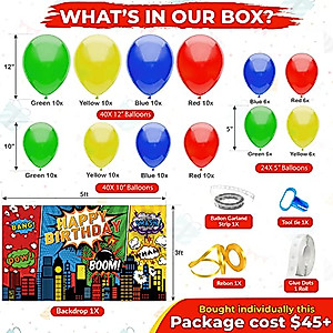 Happy Greetings 108 Pcs Super hero party decorations Balloons Arch Garland Kit, Superhero Birthday Party Backdrop hero Comic City Skyline Buildings Backdrop Theme Photo Booth 1st 2nd Bday For Kids Boy