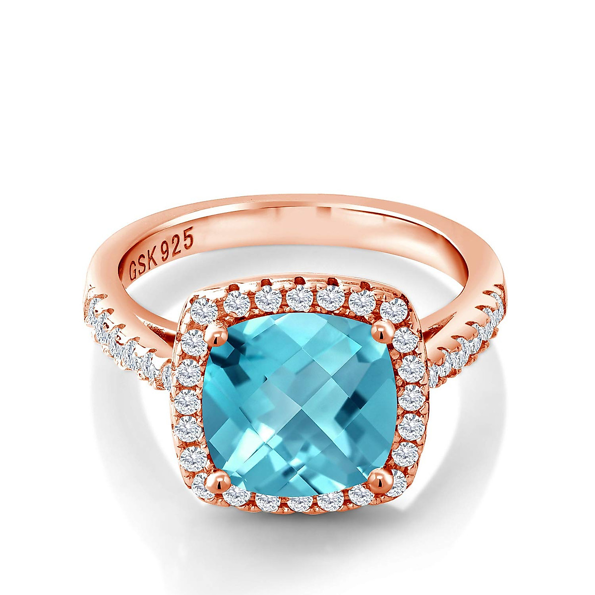 Gem Stone King 3.25 Ct Cushion Checkerboard Swiss Blue Topaz White Created Sapphire 18K Rose Gold Plated Silver Ring (Size 7)