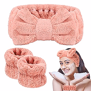 3 Pieces Face Wash Headband and Wristband Set, Spa Headband Makeup Skincare Headbands Wrist Towels Wrist Bands for Washing Face (Pink)
