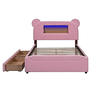 BOVZA Full Size Upholstered Storage Platform Bed Frame with Cartoon Ears Shaped Headboard, 2 Drawers, LED and USB, Pink