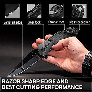 2,95” Serrated Blade Pocket Knife - Black Folding Knife with Glass Breaker and Seatbelt Cutter - Small EDC Knife with Pocket Clip for Men Women - Sharp Tactical Camping Survival Hiking Knives 6680