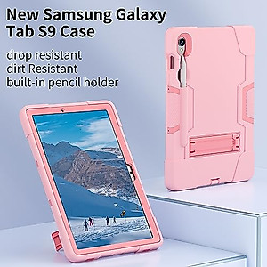 Kezigud Shockproof Kickstand Case for Galaxy Tab S9 11''/S9 FE 10.9'', Heavy Duty Hybrid Rugged Three Layer Soft Silicone+Hard PC with S-Pen Holder Cover for Samsung Tab S9/S9 FE 2023(Rose Gold)