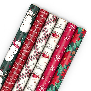 Hallmark Rustic Recyclable Christmas Wrapping Paper (6 Rolls: 180 Sq. Ft. Total) Red, White and Hunter Green Plaid, Poinsettias, Snowflakes, "Merry Christmas," Snowman, Santa