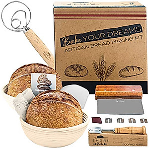 Shori Bake Banneton Bread Proofing Basket Set of 2 Round 9 Inch + Sourdough Bread Making Tools Kit, Baking Gifts for Bakers, Brotform Liner, Bread Lame, Dough Scraper, Bowl Scraper, Danish Dough Whisk