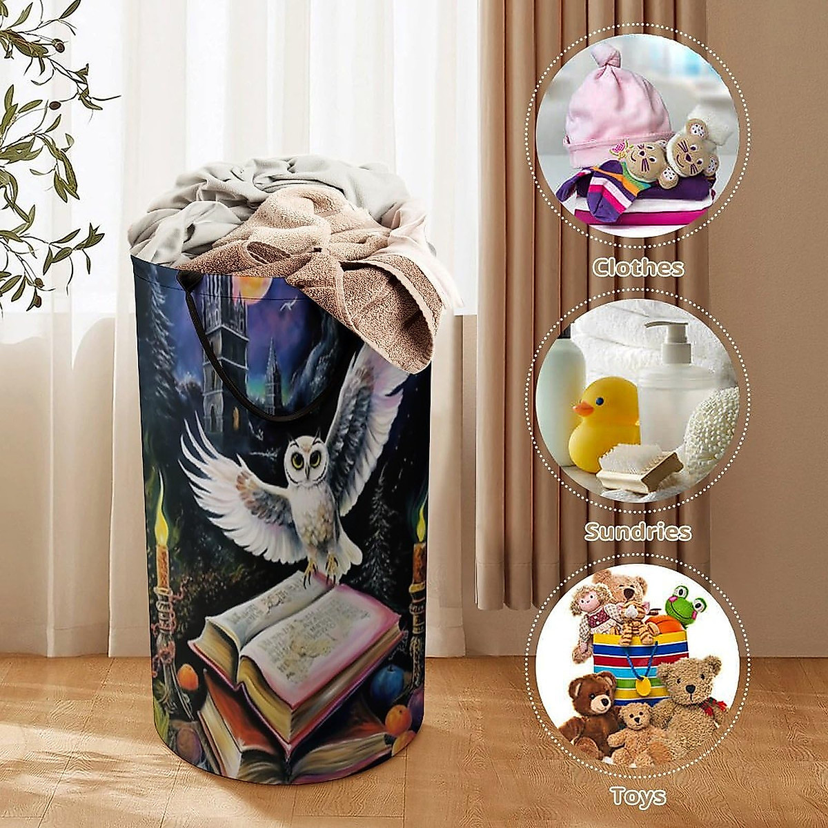 An Owl Flying Over The Magic Book Large Laundry Basket Laundry Hamper Bag Washing Bin Clothes Bag Collapsible Tall With Handles Travel Bathroom College
