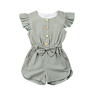 Toddler Kids Baby Girl Flutter Sleeve Short Romper Jumpsuit Botton Down Shirt Tops with Bowknot (Light Green, 4-5T)