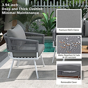 RuiSiSi 4 Piece Boho Rope Patio Furniture Set, Outdoor Furniture with Acacia Wood Table, Patio Conversation Set with Deep Seating and Thick Cushion for Backyard, Porch, Balcony, Grey