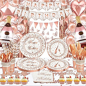 265 PCS White Rose Gold Party Supplies Rose Gold & White Party Decorations Girls Birthday Decorations Dinnerware Set Rose Gold Birthday Plates Cup Napkin Banner Tablecloth Balloon garland kit Serve 20