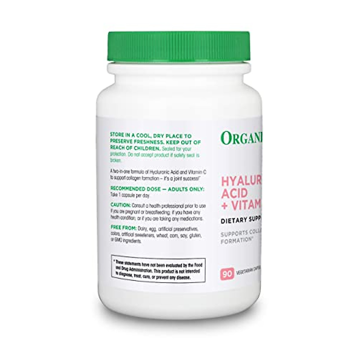 Organika Hyaluronic Acid with Vitamin C 120mg- Collagen Formation, Joint Health, Skin Hydration- 90vcaps