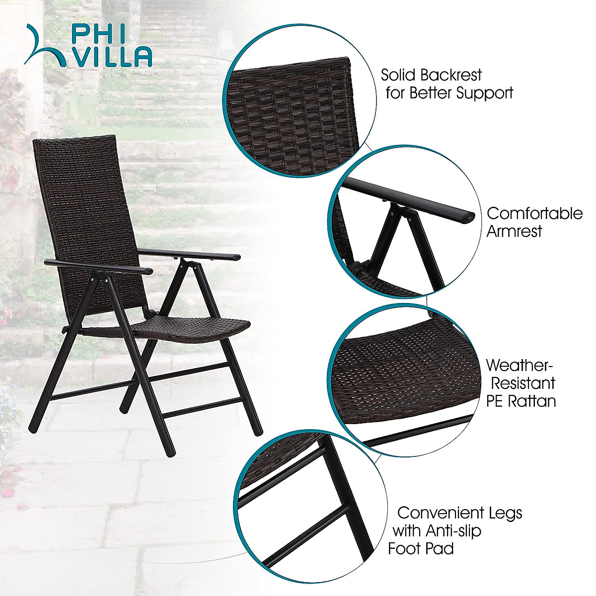 PHI VILLA Patio Wicker Dining Chairs Set of 2, Adjustable Folding Patio Chairs Outdoor Rattan Wicker Chairs for Deck, Porch, Poolside, Yard