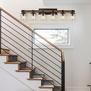 DUJAHMLAND 6-Light Wood Vanity Light,40.5 inch Farmhouse Bathroom Metal Wall Sconce with Cylinder Clear Glass Shade,Industrial Wall Light Fixtures for Hallway,Kitchen,Bedroom(Wood, 6-Light)