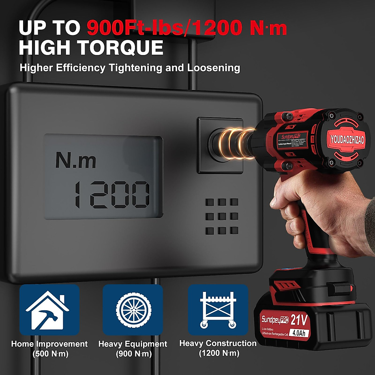 SundpeyPRO Cordless Impact Wrench 900Ft-lbs(1200N·m) - 21V 1/2" Brushless Power Impact Driver with 2 * 4.0Ah Batteries - 3200RPM High Torque Electric Impact Gun with Sockets & Fast Charger & Case