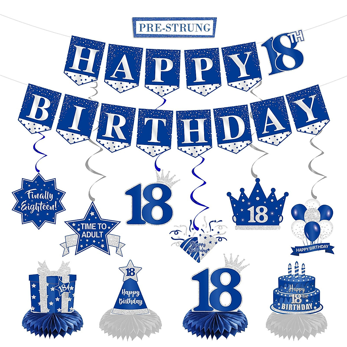 PRE-STRUNG 18th Birthday Decorations, Happy 18th Birthday Banner Sign Hanging Swirls Honeycomb Centerpieces Set for Boy Men Blue, 18 Year Old Birthday Party Backdrop Decor Supplies, PHXEY
