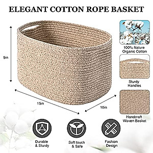 HOMHOLDON Cotton Rope Storage Baskets for Organizing, 15"x10"x9" Set of 1 Woven Basket for Storage, Shelf Basket Cube Storage Bins for Bathroom,Bedroom,Living Room,Laundry,Nursery Room,Clothes,Towels,Toys, Blanket(Brown)