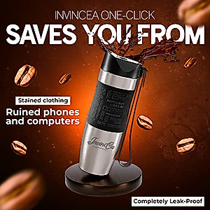 INVINCA ONE-CLICK Travel Mug: Thermal Vacuum-Insulated Coffee Mug, Double-Wall Stainless Steel Durable Mug with a Leak Proof Lid for your Daily Hot/Cold/Ice Drinks: 16-oz Metal Cups, Silver/Black