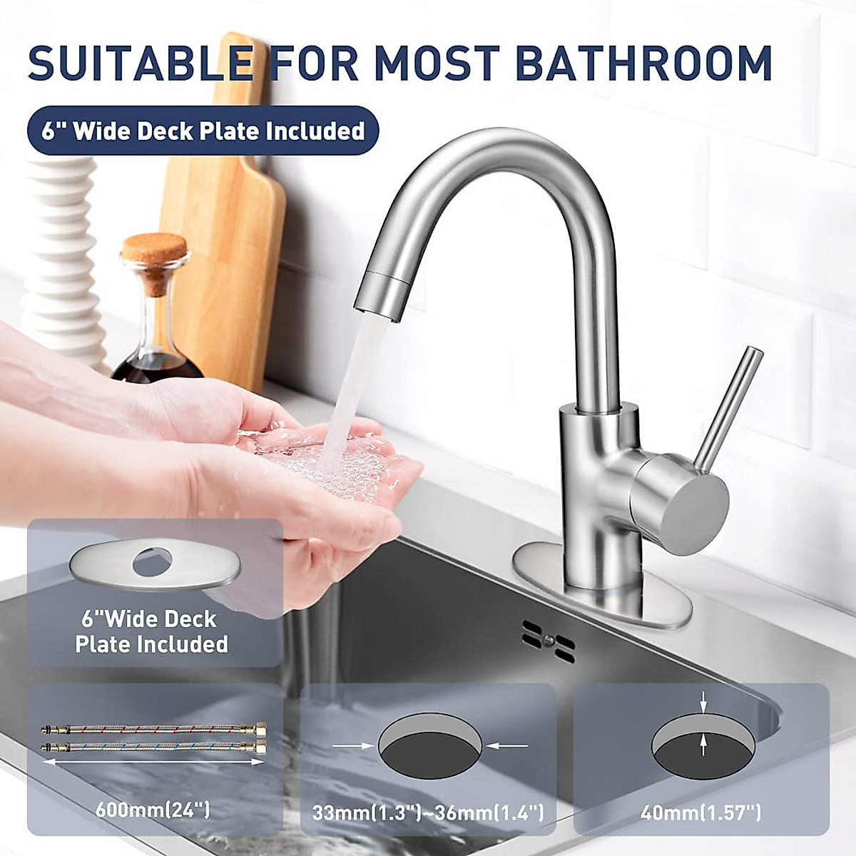 PHICHI Bar Faucet Chrome, 1 Or 3 Hole Single Handle Stainless Steel Gooseneck Sink Faucets for Bathroom Bath Outdoor with Hot & Cold Water Supply Lines