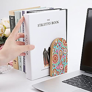 2 Pack Wood Bookends,Paisley Floral Decorative Book Ends Support for Shelves Desktop Organizer Wooden Bookshelf for Home School Office