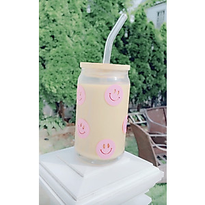 Iced Coffee Glass Cup with Bamboo Lid and Straw | 16oz Beer Can Glass | beer glass Cup | Can Shaped Glass Soda Can Cup | Pink Smiley face Glass Cup, Beer Glass Can, Glass Coffee Cup