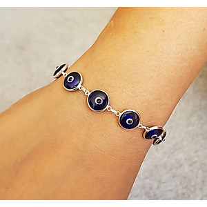 MYSTIC JEWELS by Dalia - Sterling Silver Classic Evil Eye Bracelet, 7.5 inch, Protection for Good Luck (Navy Blue)