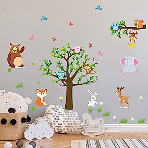 Supzone Jungle Animal Wall Stickers Forest Animal Tree Wall Sticker Owls Wall Decals for Kids Baby Nursery Playroom Bedroom Classroom Kindergarten Wall Decor