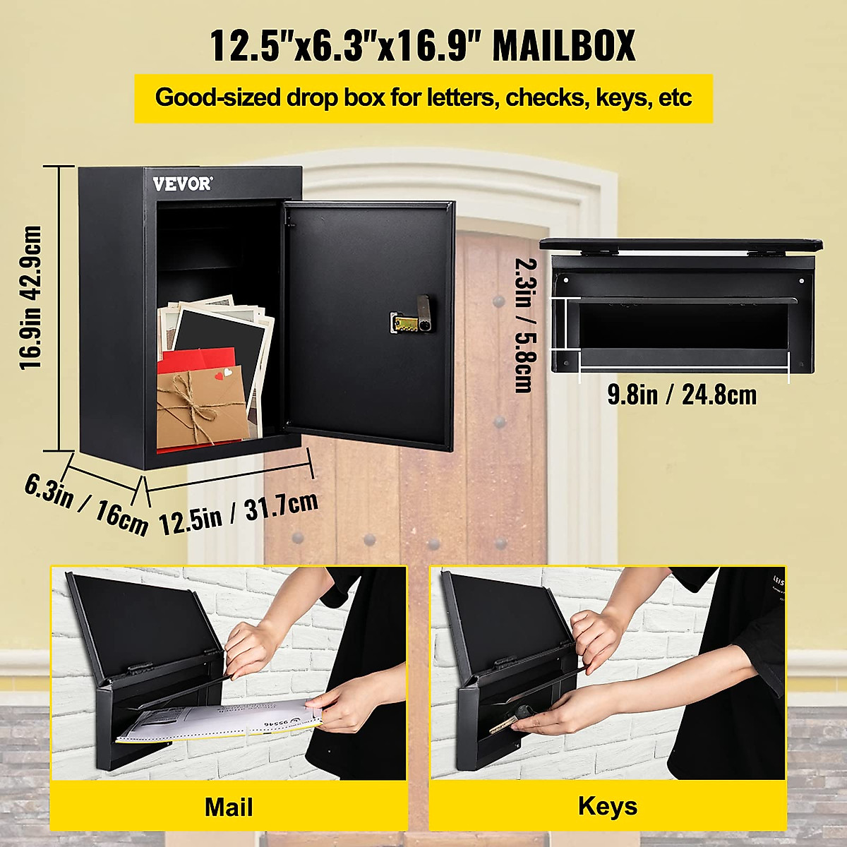 VEVOR Through The Wall Drop Box, 12.5''x6.3''x16.9'' Mail Drop Box w/Adjustable Chute, Deposit Drop Box w/Code Lock, Rainproof Wall Mount Mailbox for Letters, Rents, Check & Keys, Home & Office, Black