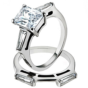 Marimor Jewelry 4.45 Carat Emerald Cut Zirconia Stainless Steel Engagement Wedding Ring Set Size 5