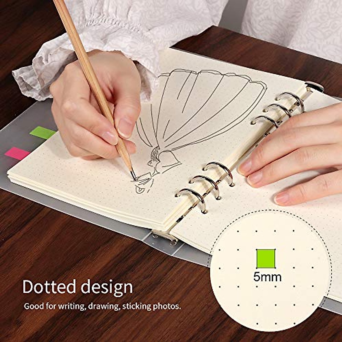 LEOBRO Refillable A5 Notebook Set, 2 Pack A5 Dotted Filler Paper, 320 Pcs Index Tabs, with Binder Pocket, 3-Pocket Loose-Leaf Bags, Ruler Marker, Paper Refill for 6-Ring A5 Binders Planner Notebook