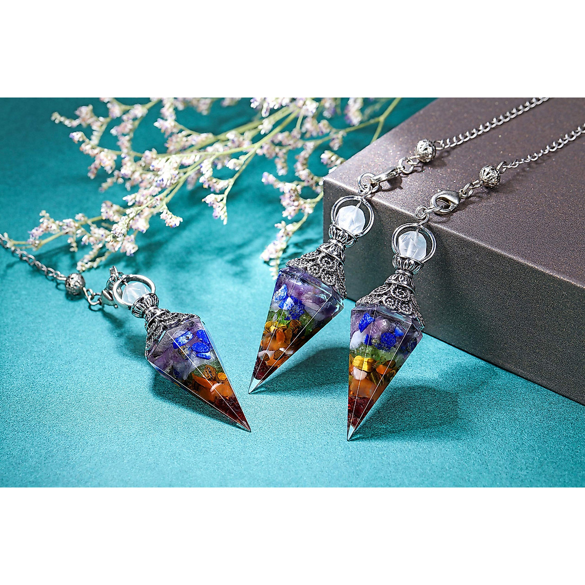 Jovivi 7 Chakra Healing Crystal Pendulums for Dowsing Divination 6 Facet Pointed Healing Wicca Dowsing Balancing Spiritual Resin Gemstone Point Pendant Pendulums