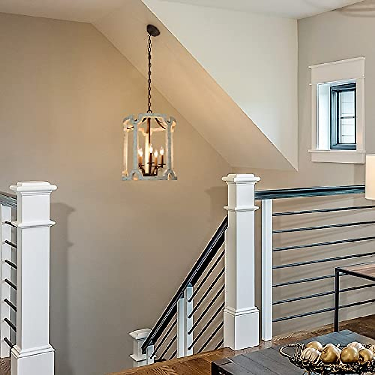 LOG BARN Farmhouse Chandelier, 5-Light Lantern Chandelier for Foyer, Kitchen Island, Dining Room, Weathered White Wood, 16.5’’ W