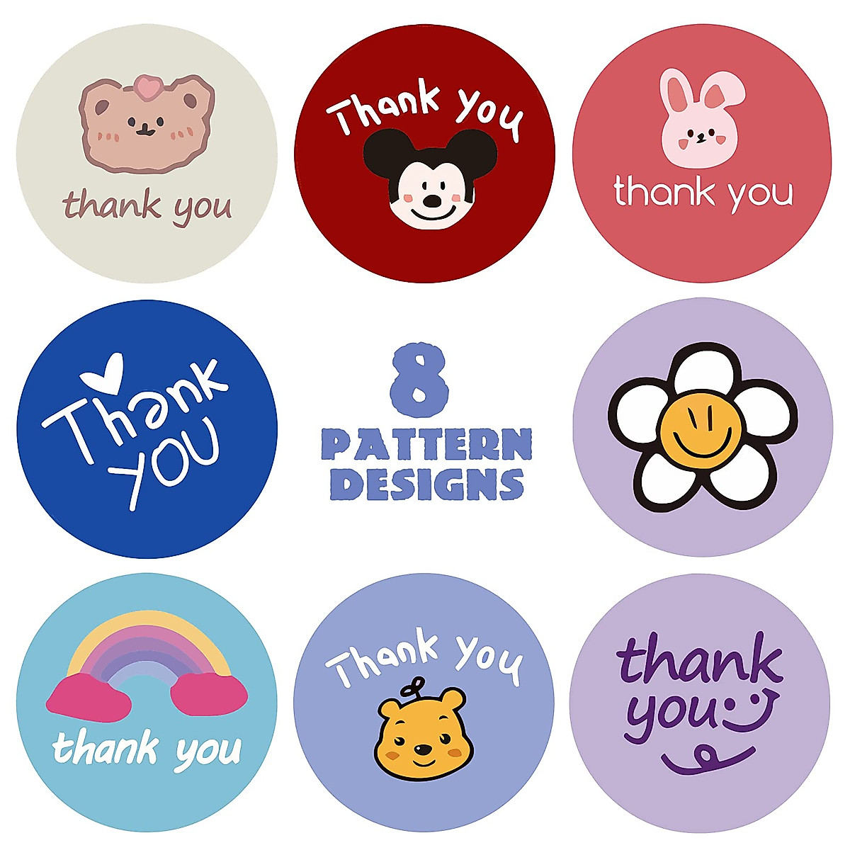 Cute Thank You Stickers Labels Roll 1.5 Inch 8 Designs Round Cartoon Thank You Labels 500Pcs Per Roll for Envelope Seals Stickers Cards Gift Boxes Decoration